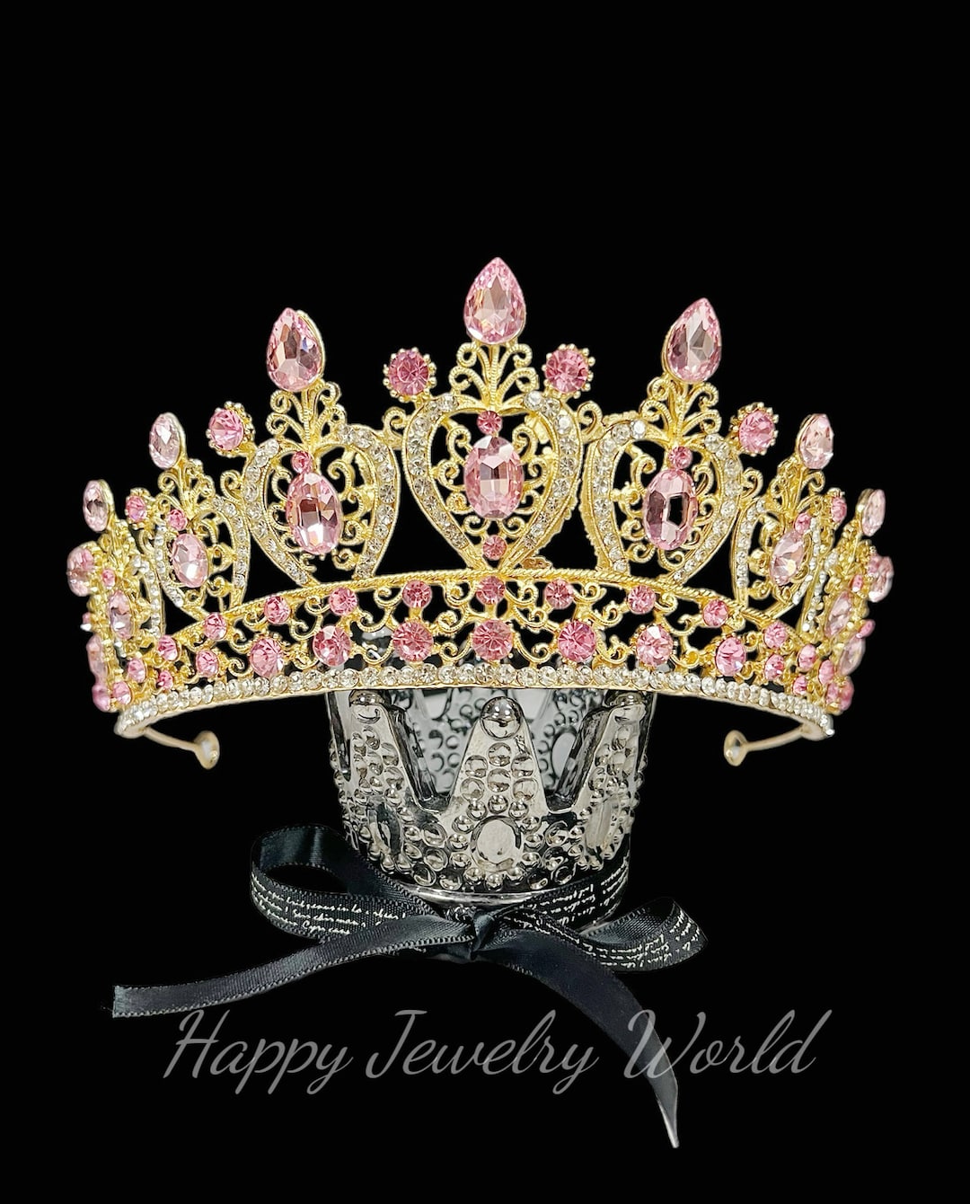 Pink Rhinestone Crown, Bridal Wedding Gold Tiara, Fashion Hair Jewelry ...