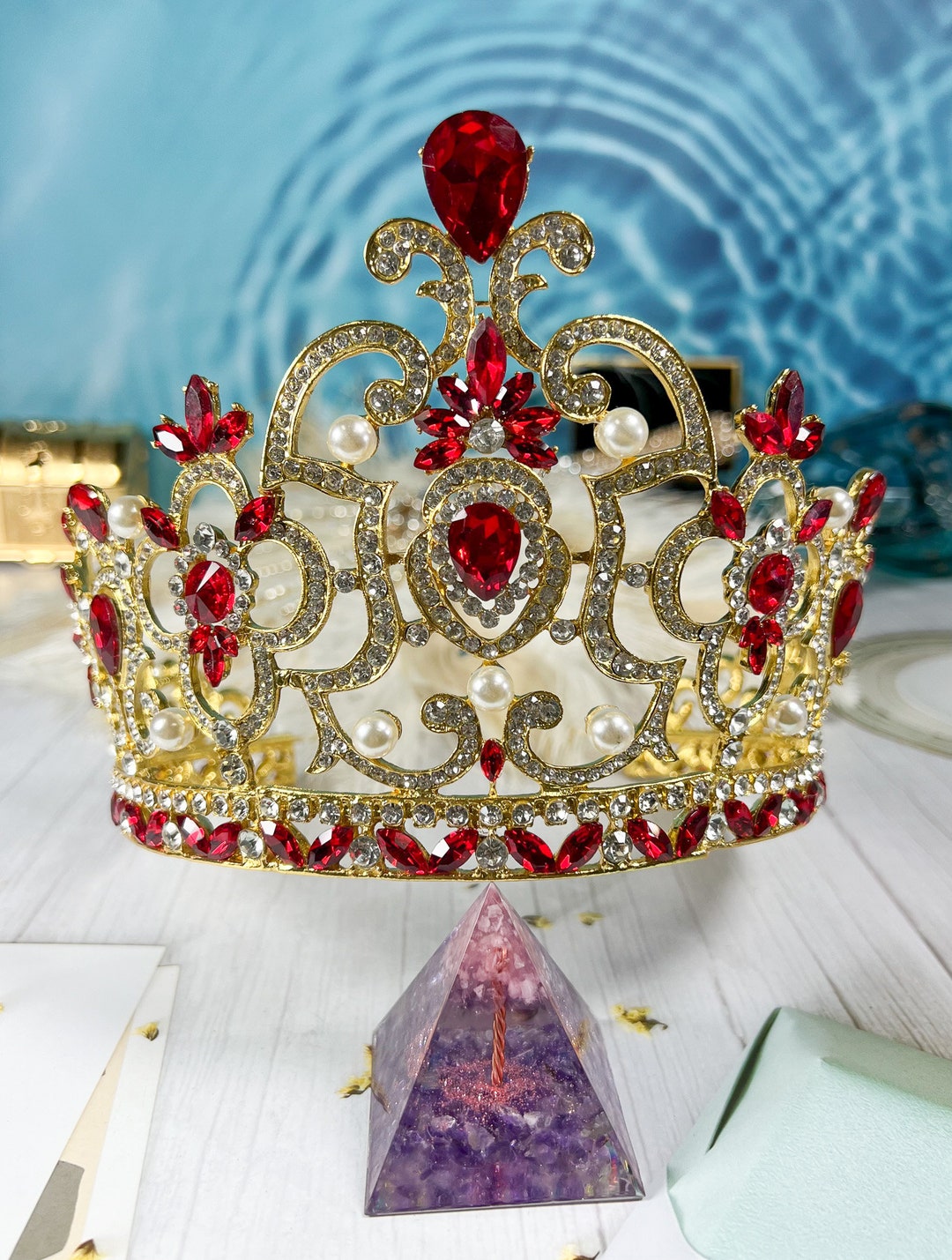 XL Royal Queen Gold Crown, Wedding Red Rhinestone Headpiece, Formal ...