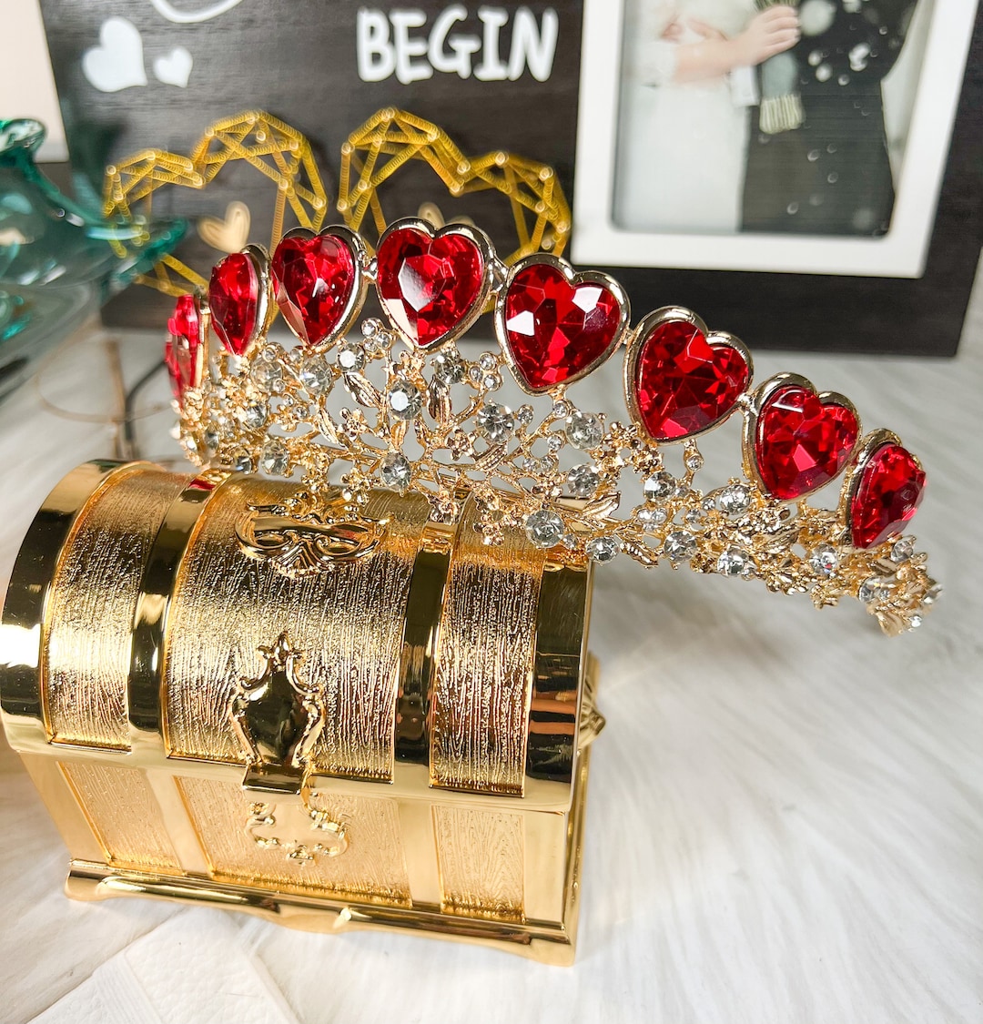 Queen of Heart Tiara, Red Heart Crown, Fairy Gold Headband, Costume ...
