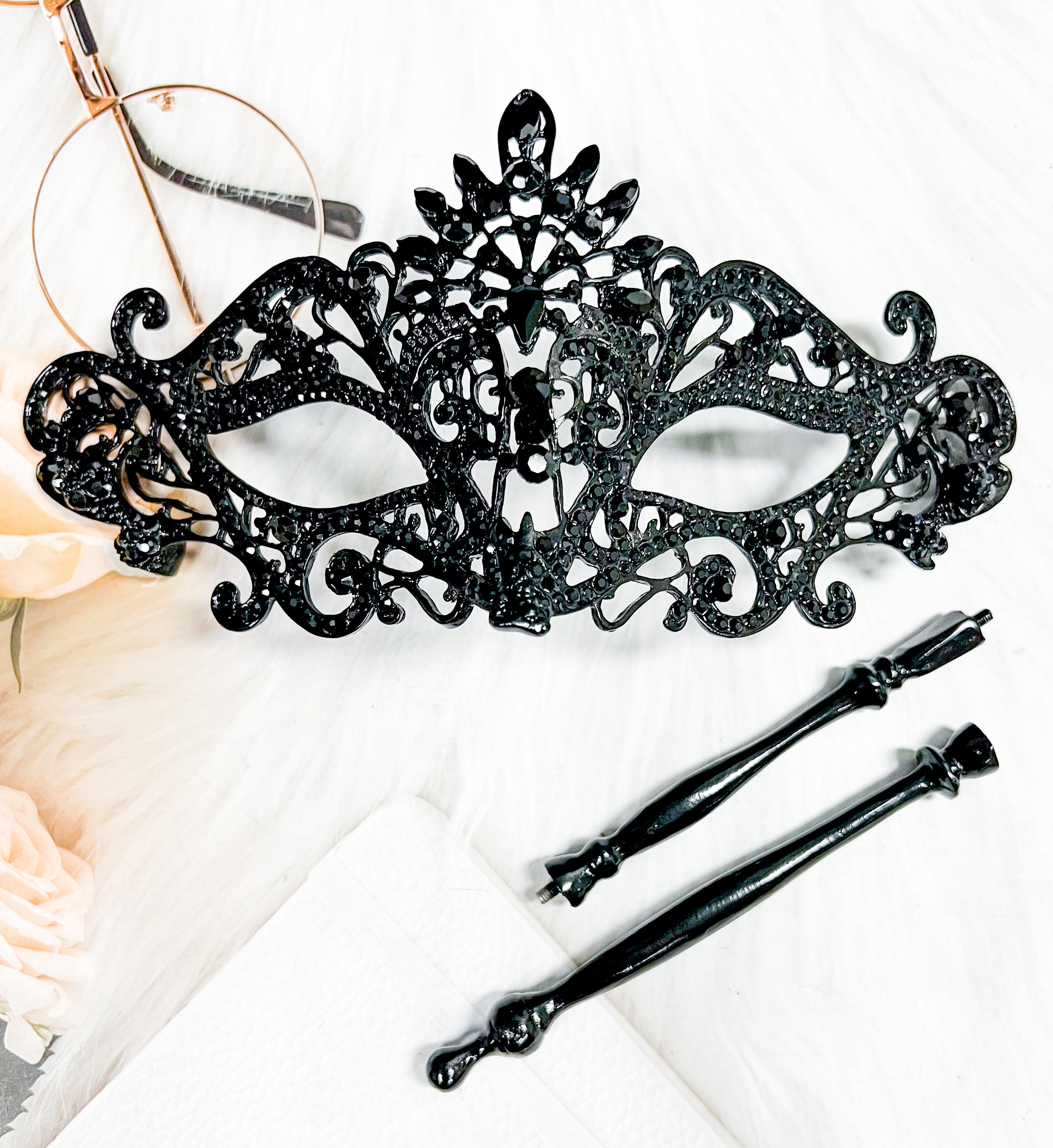 Masquerade Mask With Stick, Luxury Crystal Mask, Black Crystal Mask ...