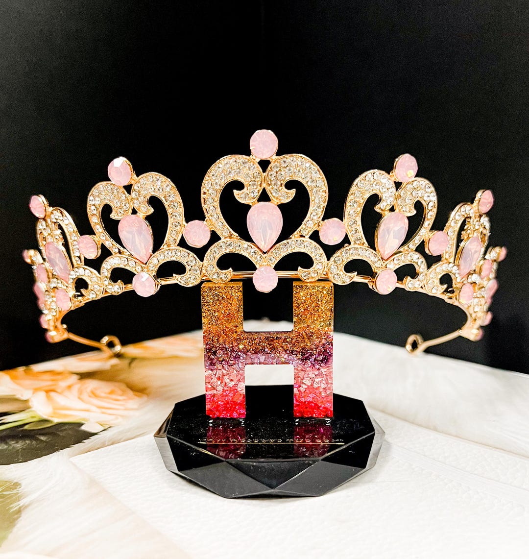 Pink Gems Rhinestone Tiara. Gold Tiara, Heart Shape Tiara, Princess ...