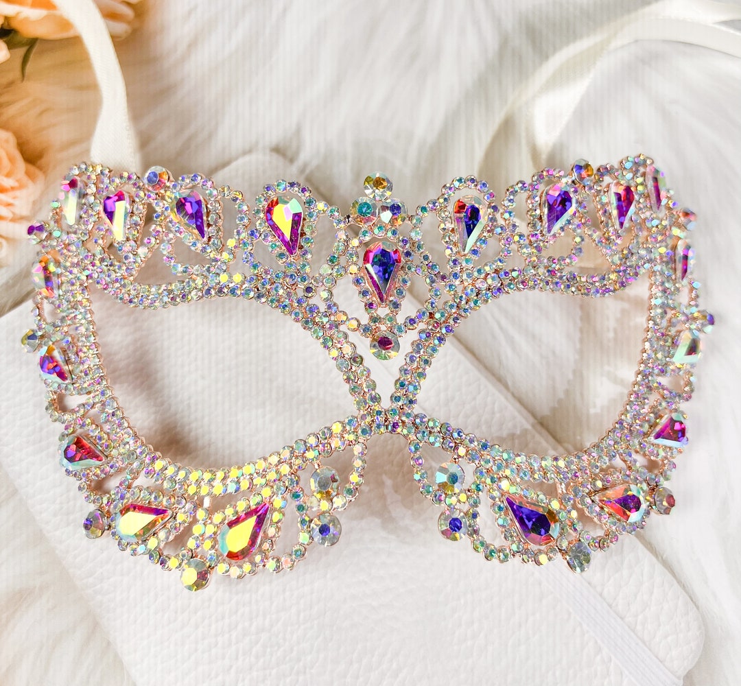 Lady Rhinestones Masquerade Mask Rose Gold Base AB Rhinestone Bling ...