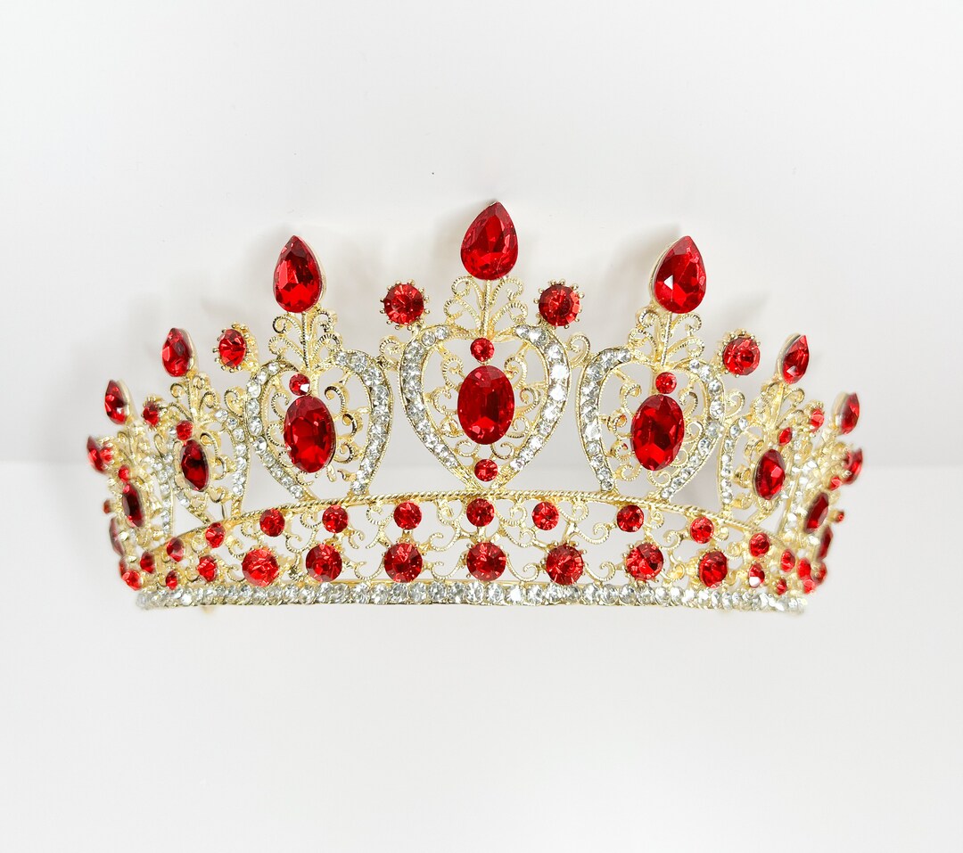 Red Crystal Rhinestone Crown, Bridal Wedding Gold Tiara, Fashion Hair ...
