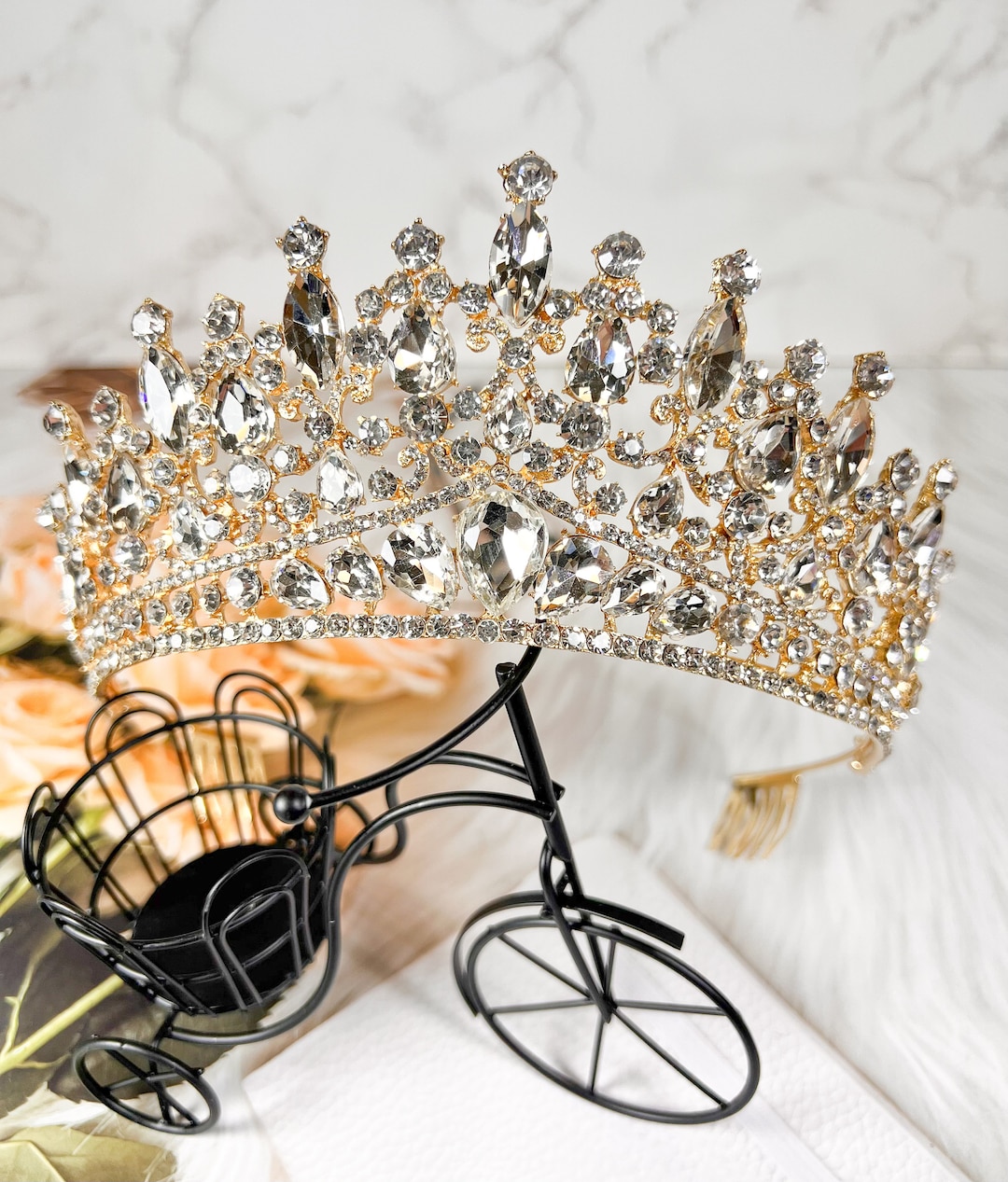 Queen Gold Tiara, Princess Crown, Bridal Headpiece, Wedding, Pageant ...