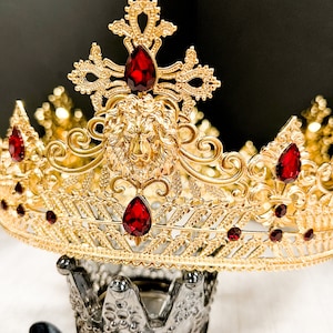 Gold King Lion Crown, Prince Wedding Headpiece, Red Crystal Crown for ...