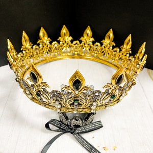 Gold King Crown for Men's, Black Sapphire Crystal Crown, Royal Princes ...