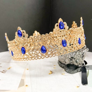 Royal King Crown for Men, Blue Crystal Crown, Wedding Gold Headpiece ...