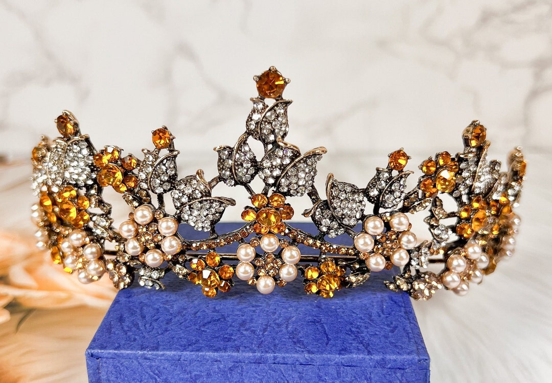 Silver Pearl Bride Crown With Crystal Amber Rhinestones - Etsy