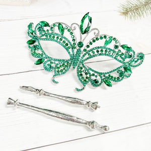 Emerald Rhinestone Masquerade Mask With Silver Stick - Etsy
