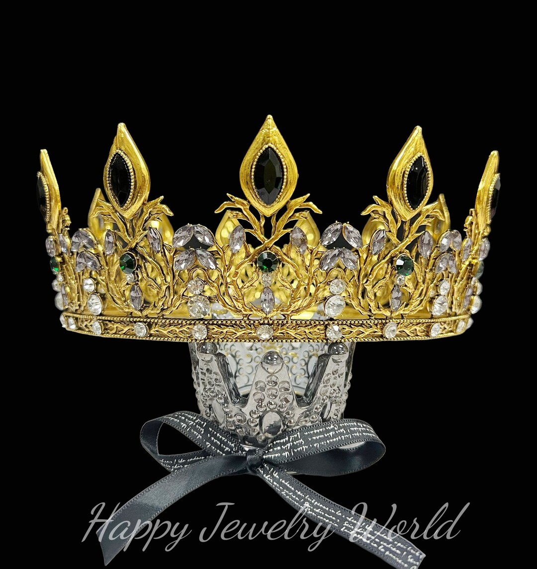 Gold King Crown for Men's, Black Sapphire Crystal Crown, Royal Princes ...