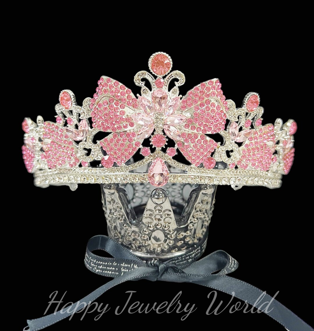Crystal Crown Tiara, Vintage Silver Crown, Pink Bow Tiara, Bridal ...