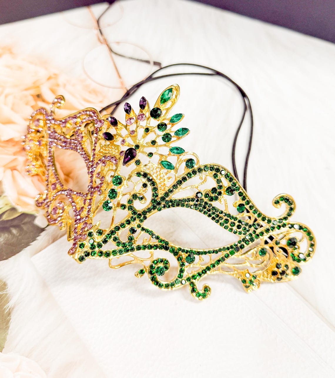 Rhinestone Masquerade Mask: Gold, Purple, & Green Crystal Carnival Mask ...