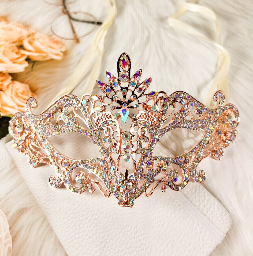 Masquerade Mask Luxury Crystal, Rhinestone Eye Rose Gold Mask, Elegant ...