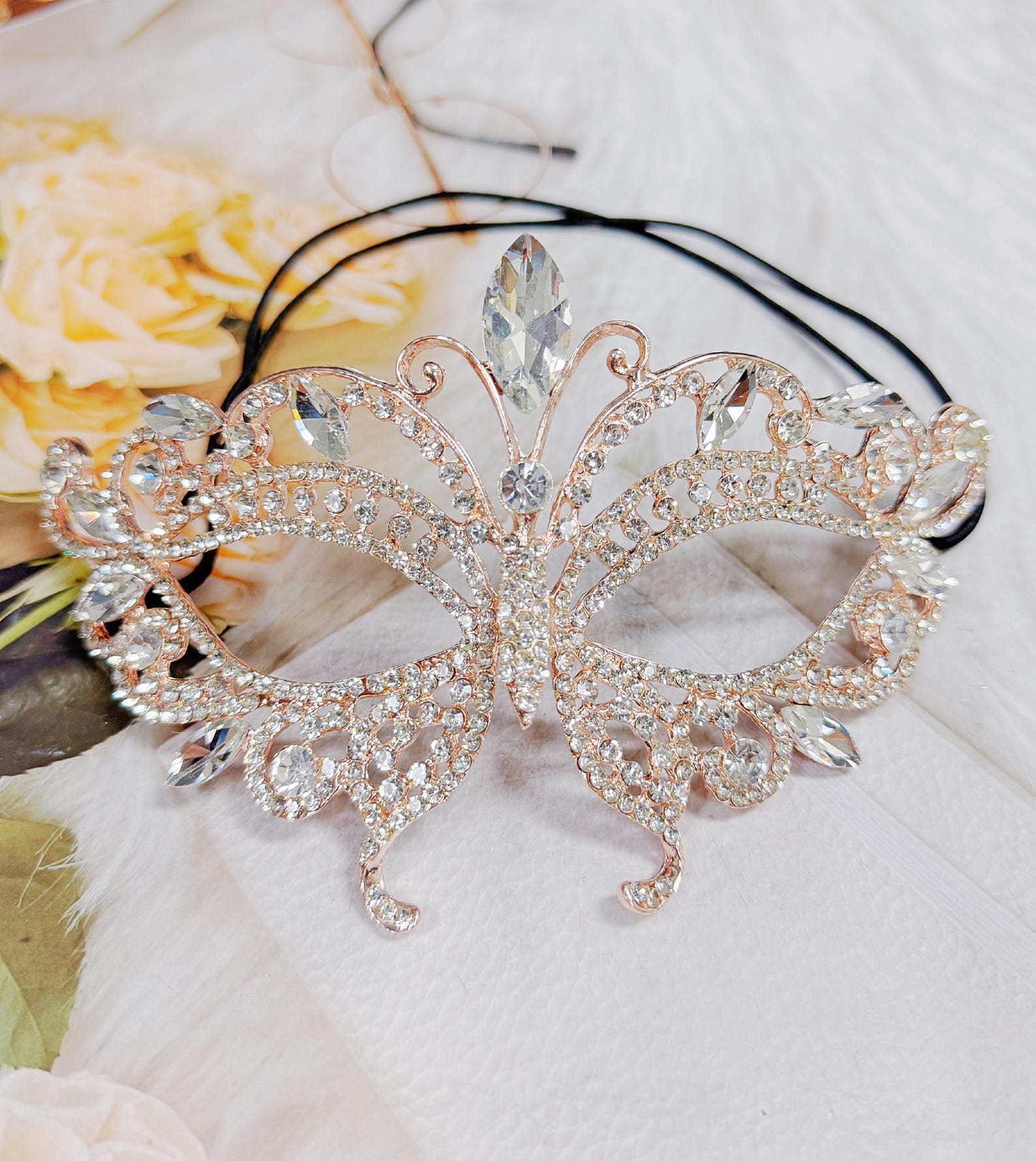Butterfly Masquerade Mask, Wedding Party Rose Gold Mask, Clear Stone ...