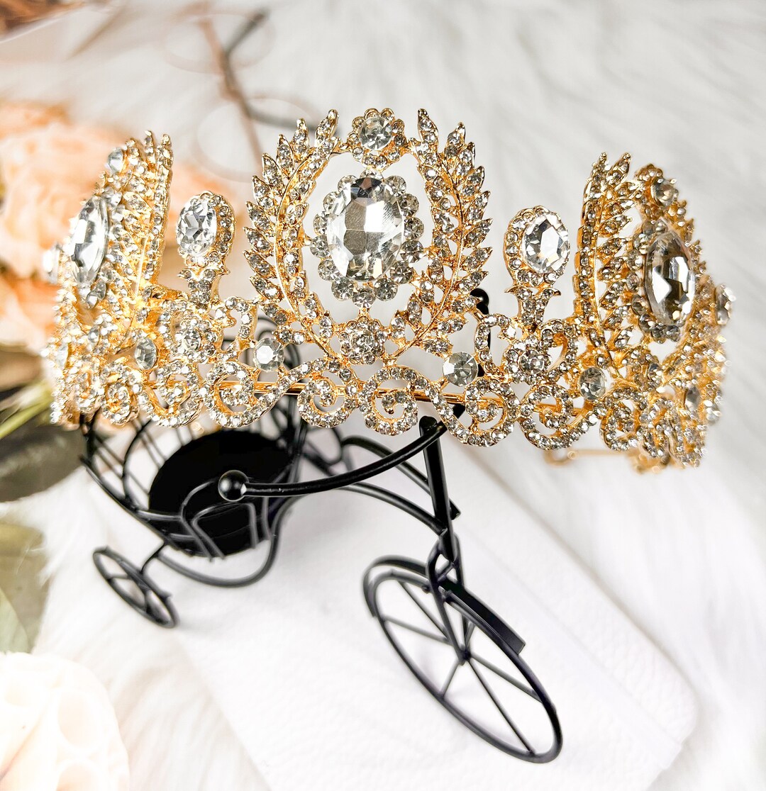 Queen Gold Tiara, Princess Rhinestone Crown, Bridal Headpiece, Pageant ...