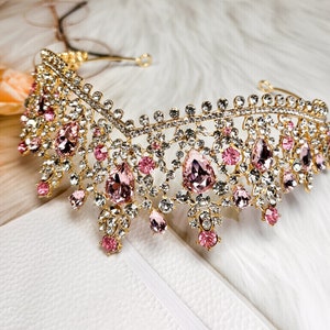 Princess Pink Tiara, Luxury Gold Crown, Elegant, Prom, Crystal Crown ...