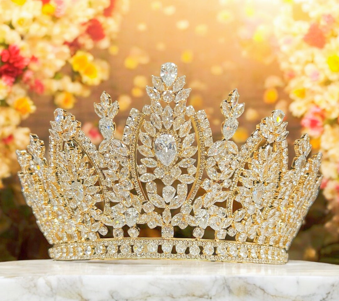 Luxury Bridal Headpiece, Gold Crown, Princess Tiara, Cubic Zirconia ...