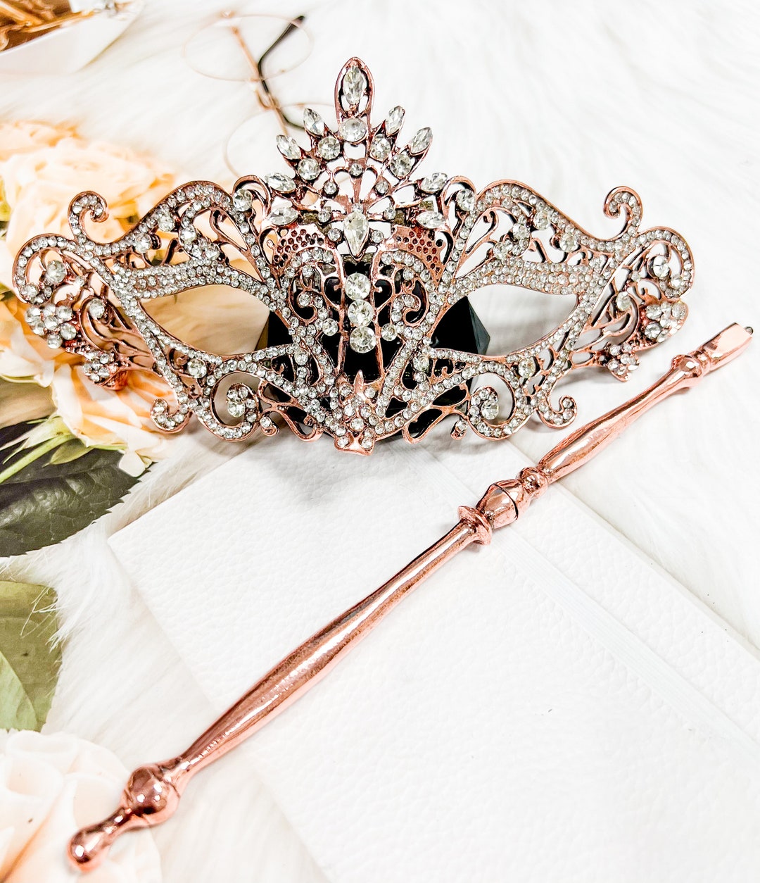 Copper Crystal Mask With Stick, Clear Crystal Masquerade Mask, Venetian ...