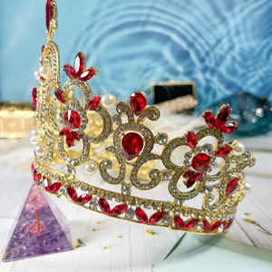 XL Royal Queen Gold Crown, Wedding Red Rhinestone Headpiece, Formal ...