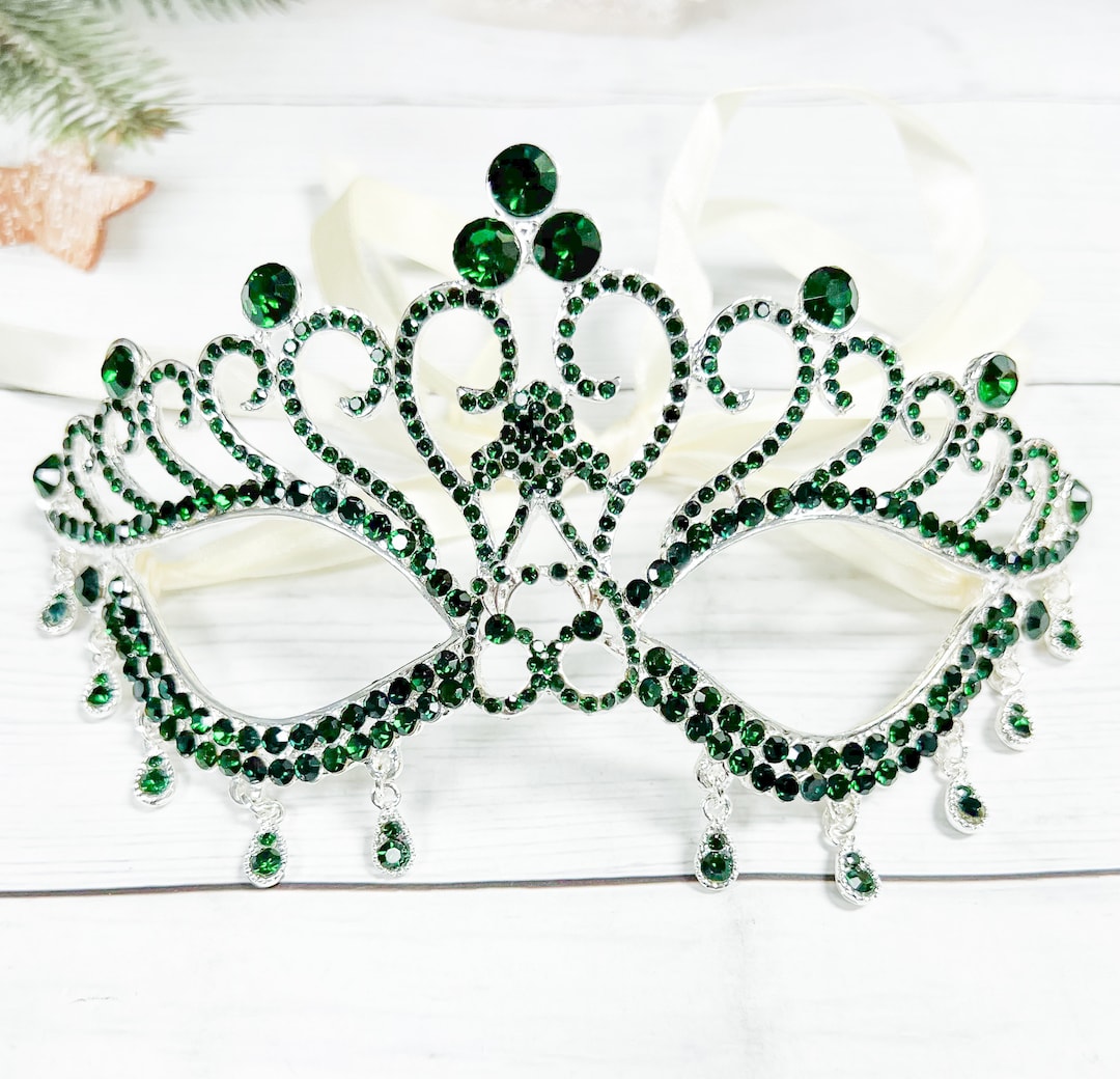 Crystal Masquerade Mask, Mardi Gras Mask, Green Teardrop Mask, Silver ...