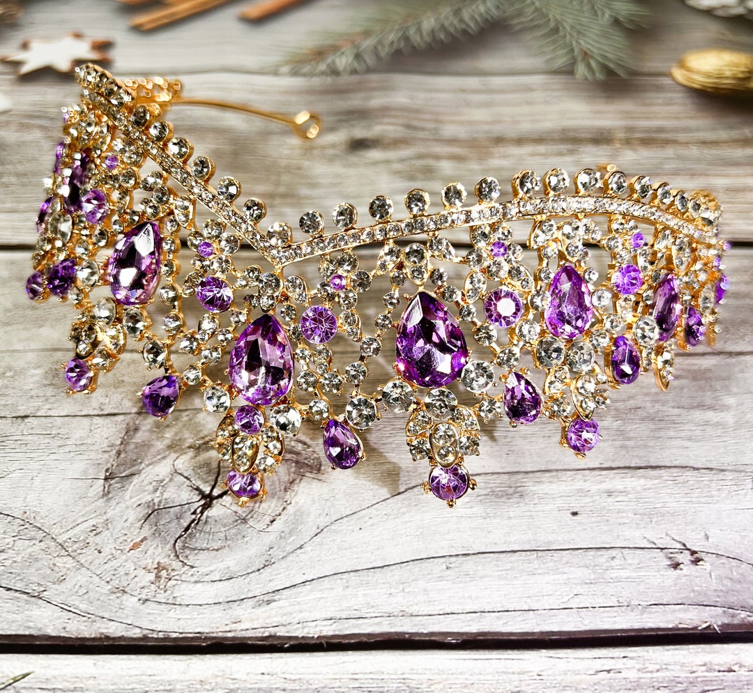 Mardi Gras Purple Tiara, Luxury Bridal Gold Crown, Prom, Crystal Crown ...