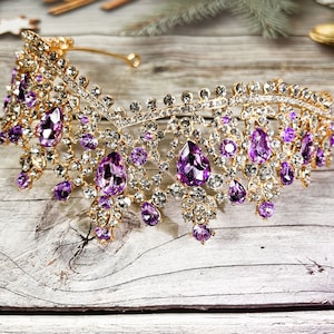 Mardi Gras Purple Tiara, Luxury Bridal Gold Crown, Prom, Crystal Crown ...