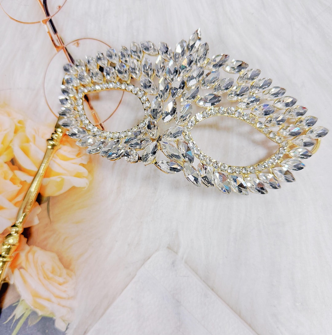 Crystal Masquerade Mask on Stick: Gold Venetian Ball Mask - Etsy