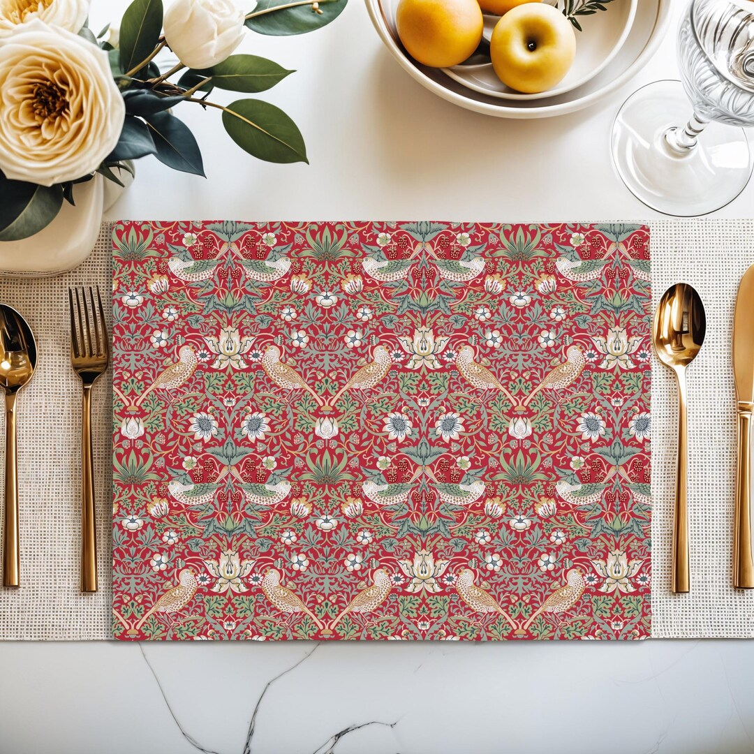 William Morris Style Red Strawberry Thief Placemat Vintage Style Floral ...