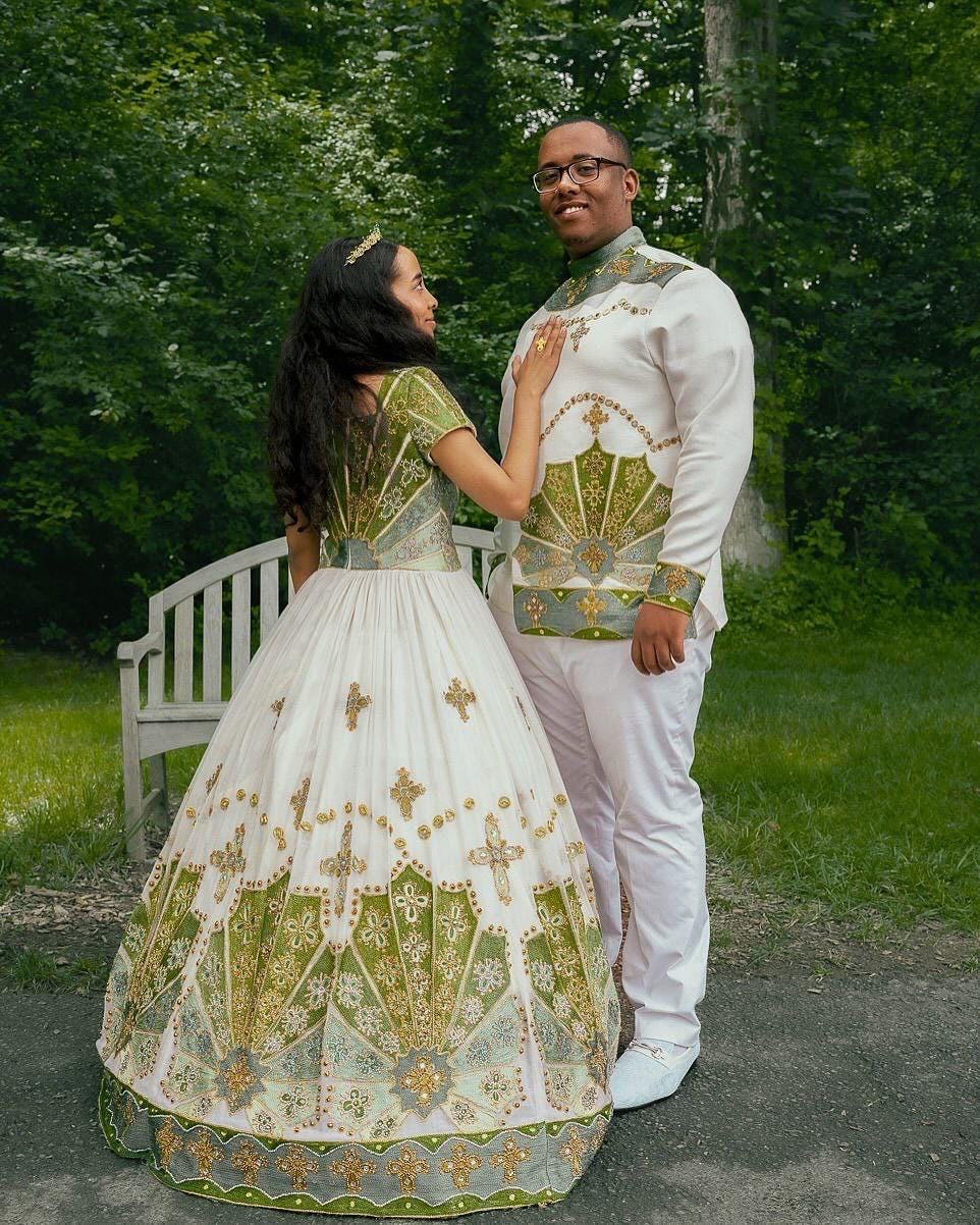 Handwoven Ethiopian Wedding Outfit: Habesha Kemis With Tibeb Embroidery ...