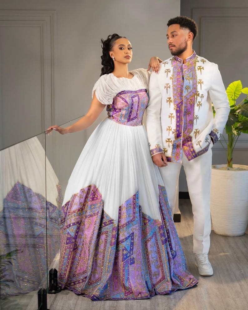 Handwoven Ethiopian Wedding Outfit: Habesha Kemis With Tibeb Embroidery ...