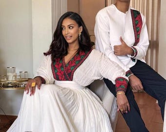 Handwoven Ethiopian Wedding Outfit: Habesha Kemis With Tibeb Embroidery ...