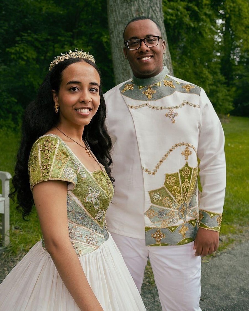 Handwoven Ethiopian Wedding Outfit: Habesha Kemis With Tibeb Embroidery ...
