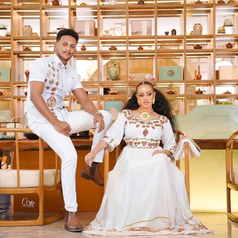Handwoven Ethiopian Wedding Outfit: Habesha Kemis With Tibeb Embroidery ...