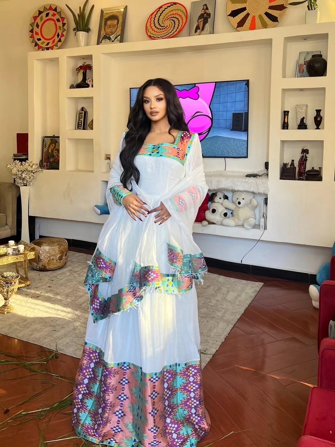 Handwoven Ethiopian Habesha Dress: Tibeb Embroidered Cotton Kemis - Etsy UK
