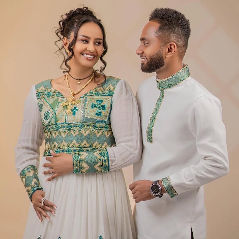 Handwoven Ethiopian Wedding Outfit: Habesha Kemis With Tibeb Embroidery ...