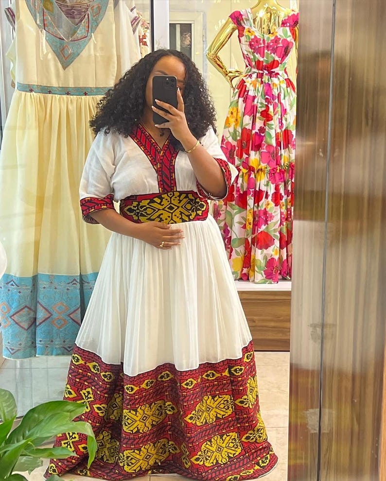 Ethiopian Habesha Kemis – Handwoven Cotton Dress With Tibeb Embroidery ...