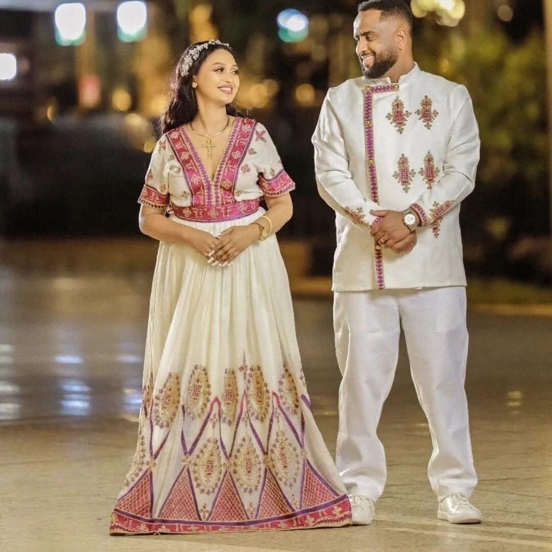 Handwoven Ethiopian Wedding Outfit: Habesha Kemis With Tibeb Embroidery ...