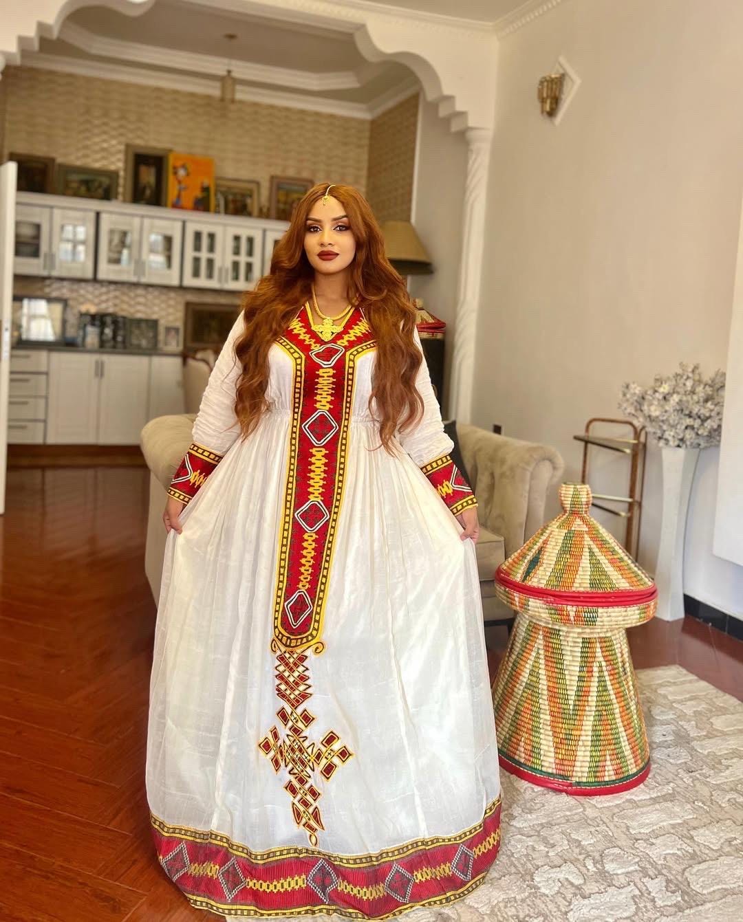 Handwoven Ethiopian Habesha Kemis Dress: Tibeb Embroidery, Cultural ...