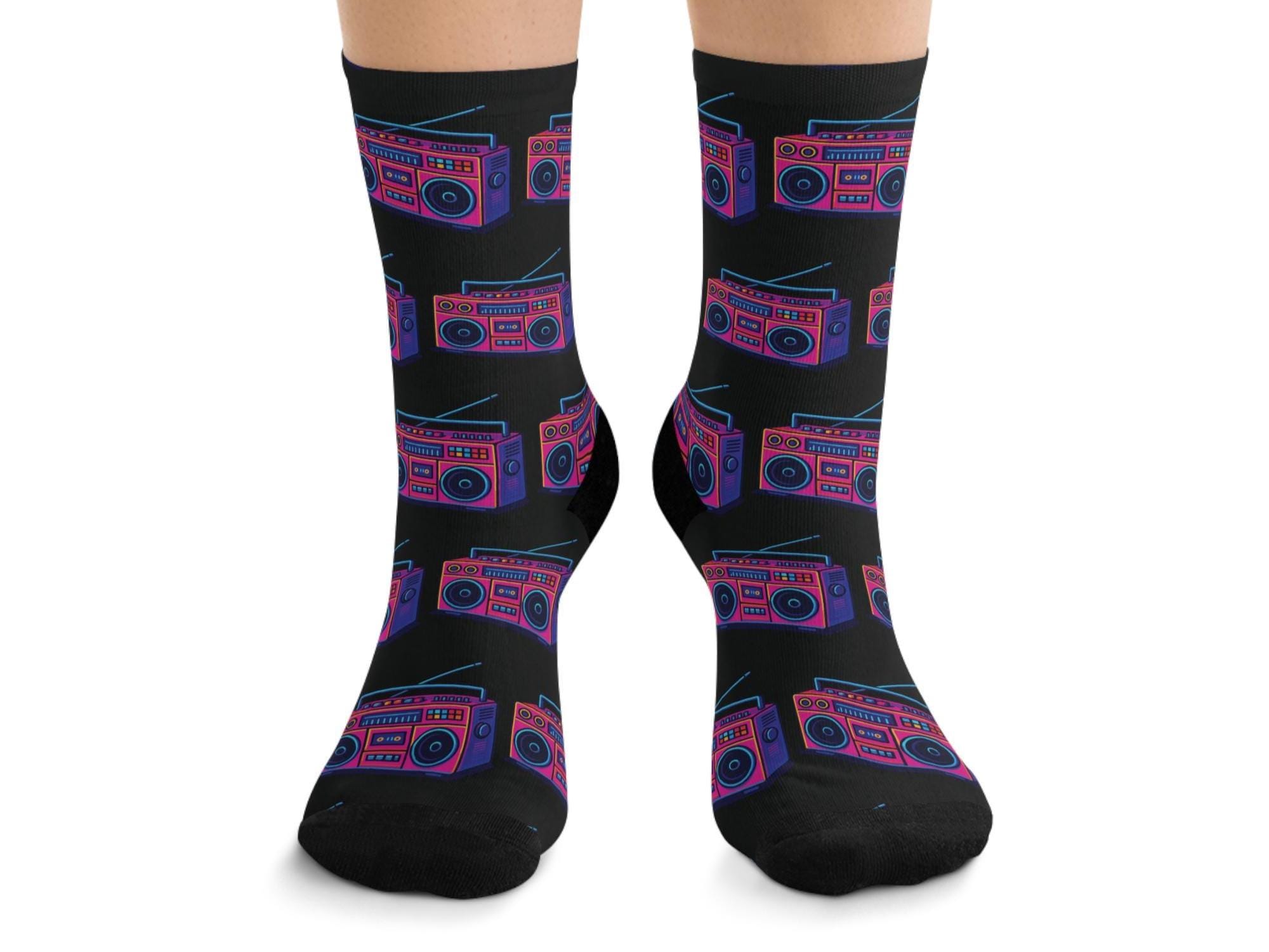 Neon 80s Boombox Pattern Socks, Retro Music Lover Crew Socks, Colorful ...