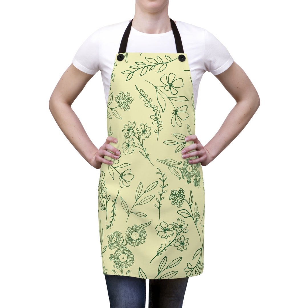 Wildflowers Line Art Apron, Green on Yellow - Stylish and Functional ...