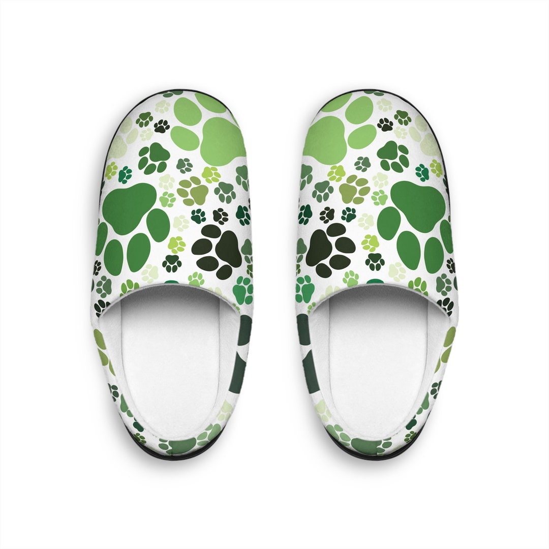 Mens Indoor Slippers Paw Print Scatter Design All the Greens Palette of ...