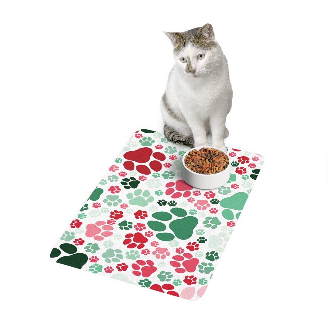 Pet Food Mat (12x18) Stylish Paw Print Scatter Design in Shades of ...