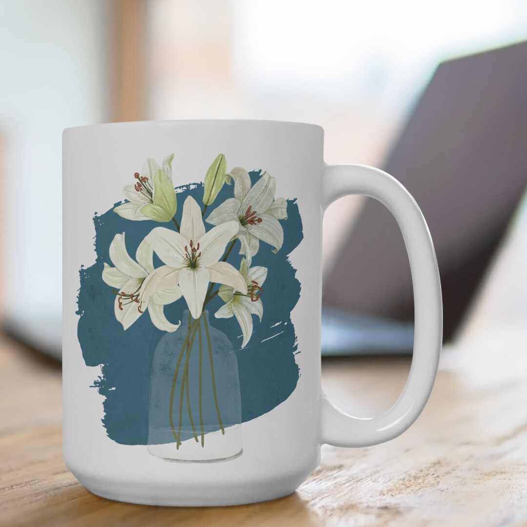 White Lilies in Glass Vase Coffee Mug on Blue Swipe High Quality ...