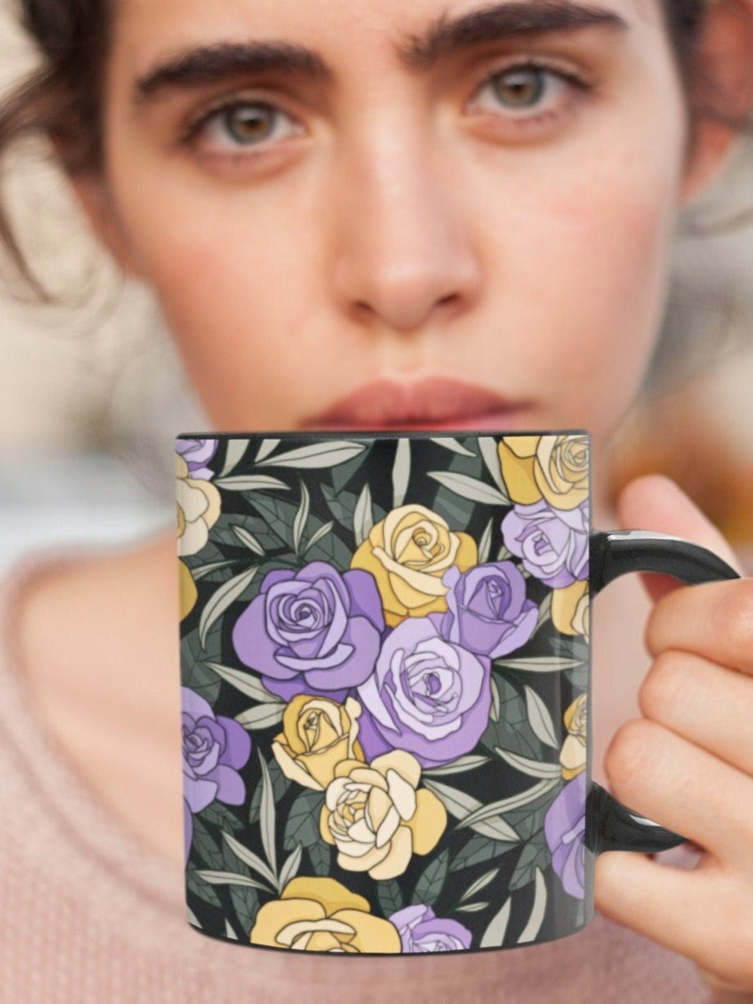 Purple & Yellow Roses Coffee Mug on Choice of 8 Background Colors High ...