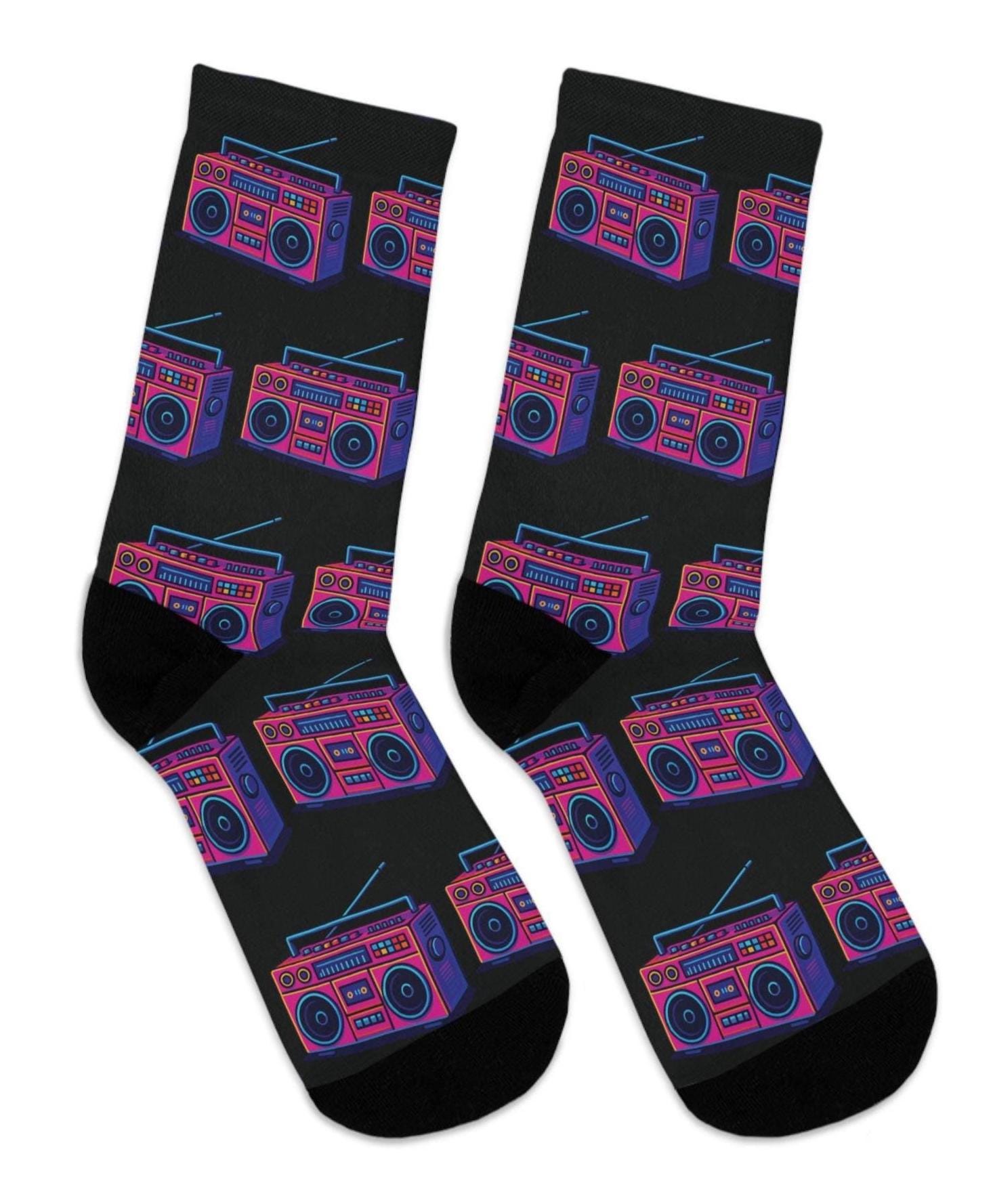 Neon 80s Boombox Pattern Socks, Retro Music Lover Crew Socks, Colorful ...
