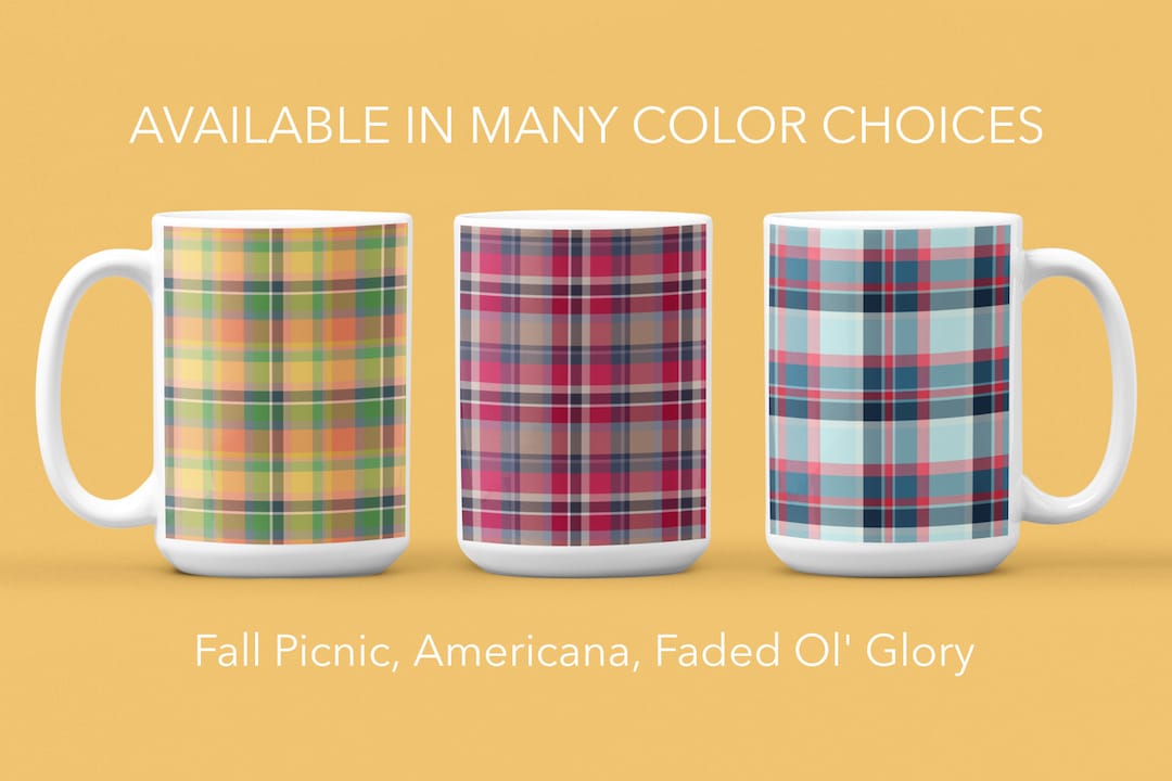 Plaid Coffee Mug, CHOICE OF COLORS, on 11oz or 15oz White Mug, Image ...
