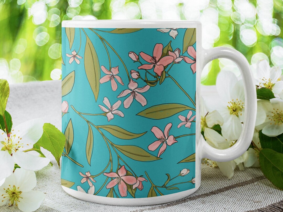 Delicate Pink Flowers Coffee Mug Bright Blue Background on Choice of 11 ...