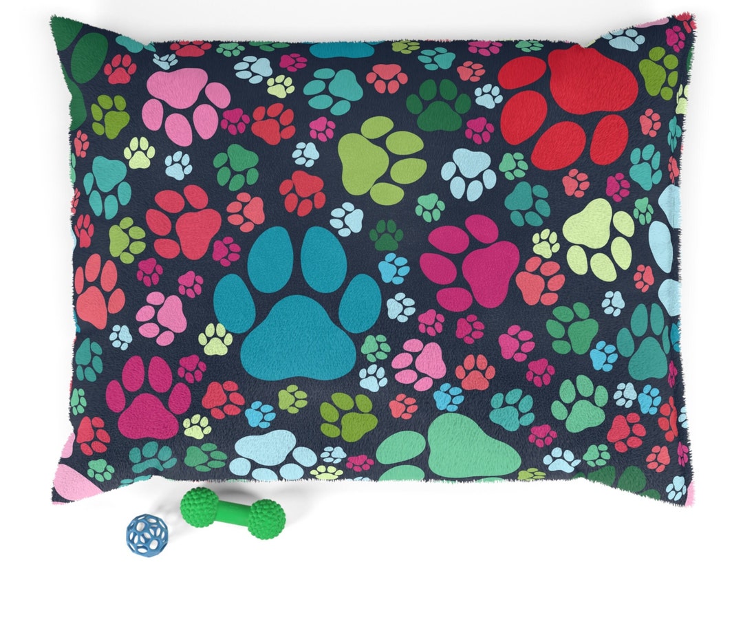 Pet Bed Paw Print Scatter Mid-mod Christmas Palette on Dark Blue 3 ...