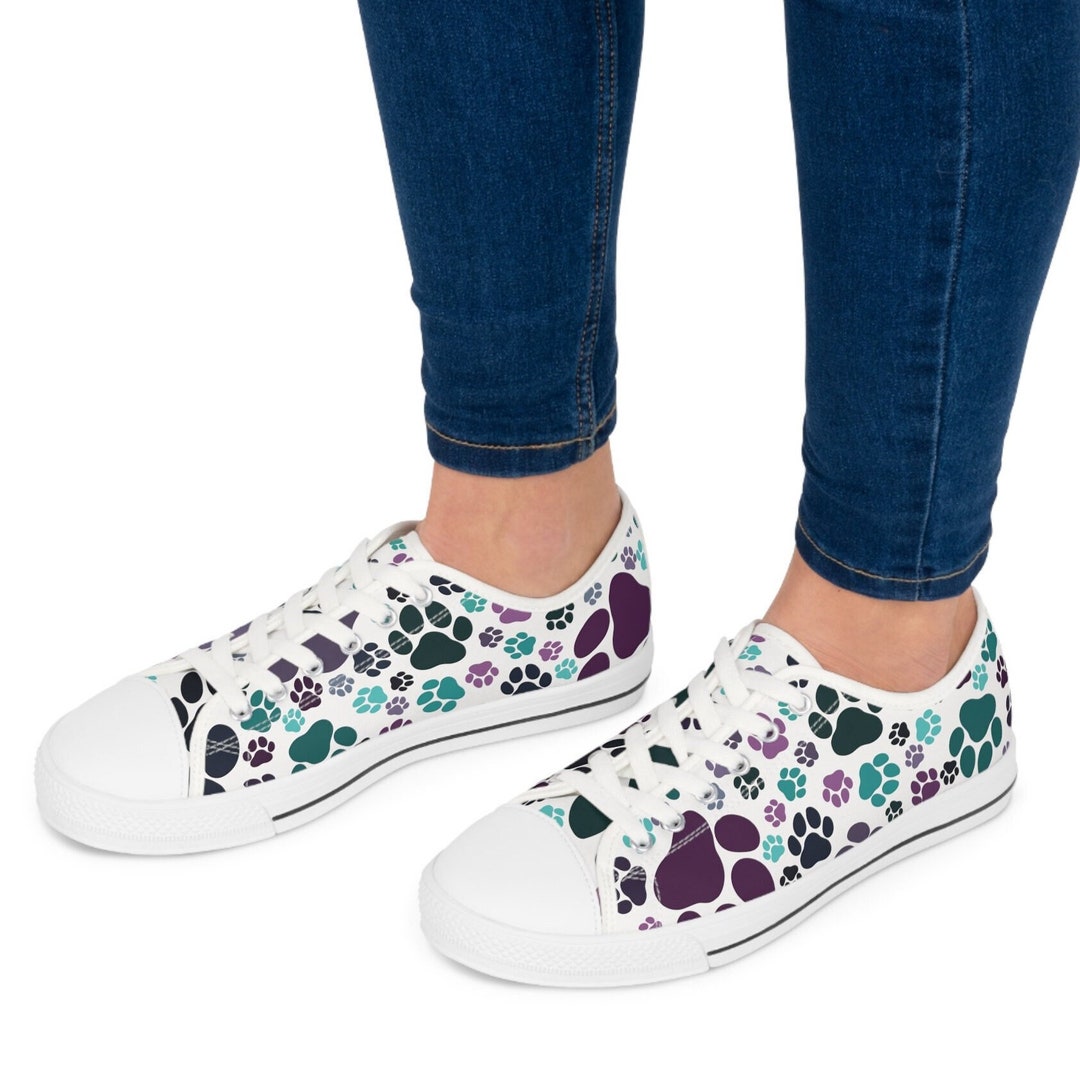 Womens Low Top Sneakers Plum & Teal Paw Print Scatter Design White ...