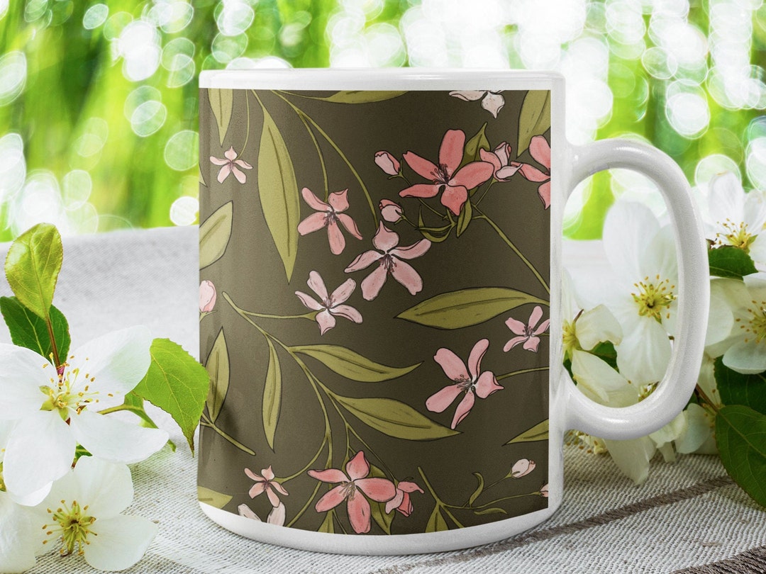 Delicate Pink Flowers Coffee Mug Olive Green Background on Choice of 11 ...